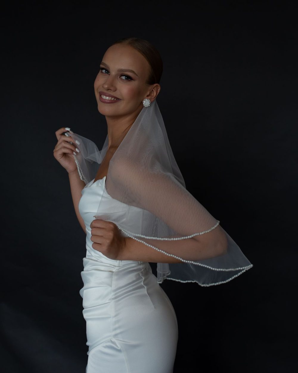 Short Two-Layer Bridal Pearl Beads Veil at Dell'Amore Bridal